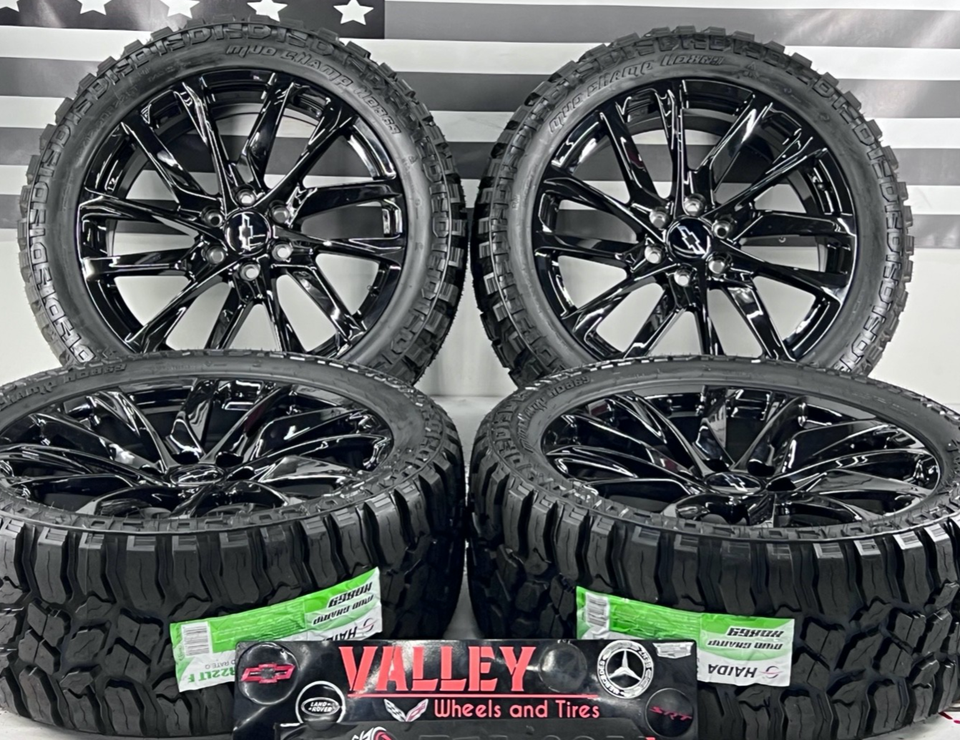 22" OEM FACTORY BLACK CADILLAC CHEVY F GMC WHEELS RIMS TIRES AT4 Tires ...