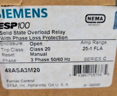 Siemens 48ASA3M20 3ph Overload Relay 0.25-1FLA Class 20 Brand New ...