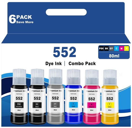 552 Ink Refill Bottles 6 Pack Replacement for Epson Ecotank Photo ET ...