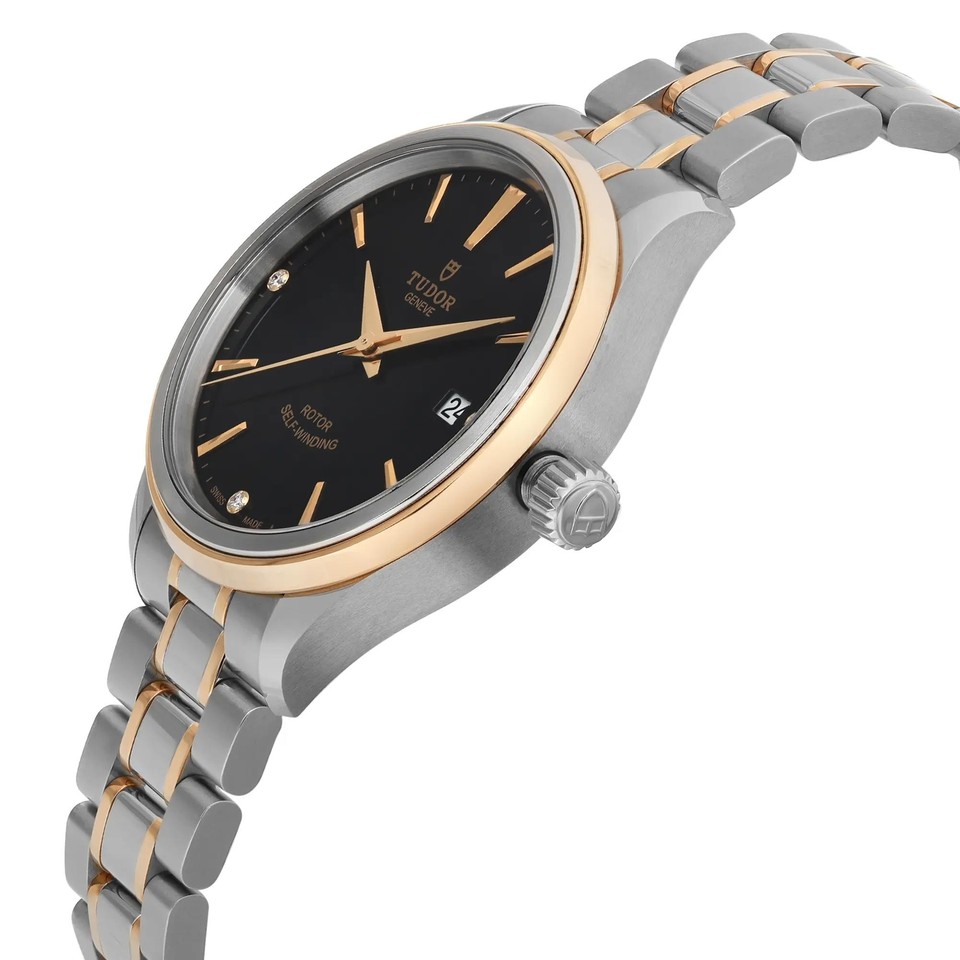 Tudor Style 28mm 18k Yellow Gold Steel Black Diamond Dial Ladies Watch ...
