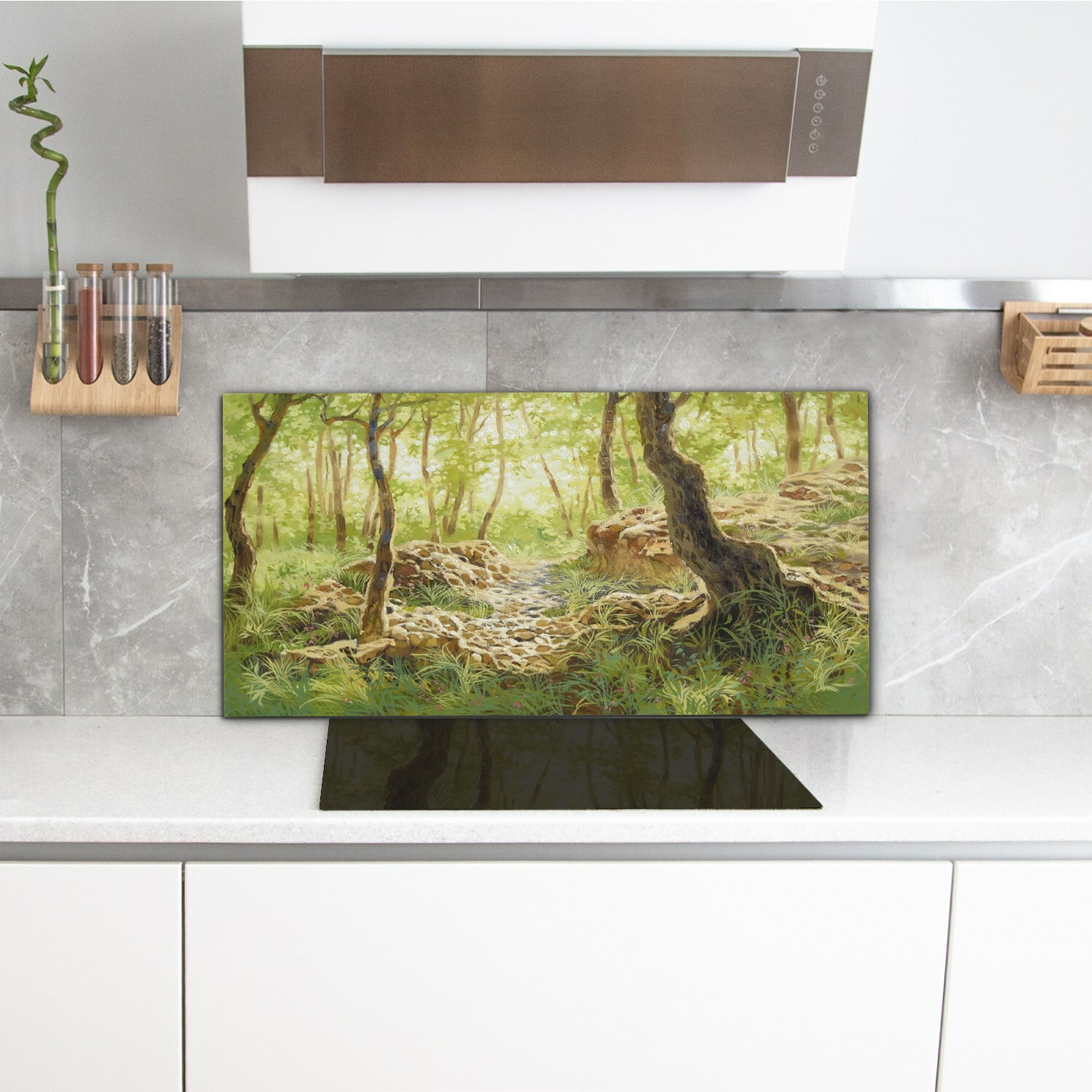 Painting Forest Trees Rocks Nature Kitchen Printed Splashback Glass ...