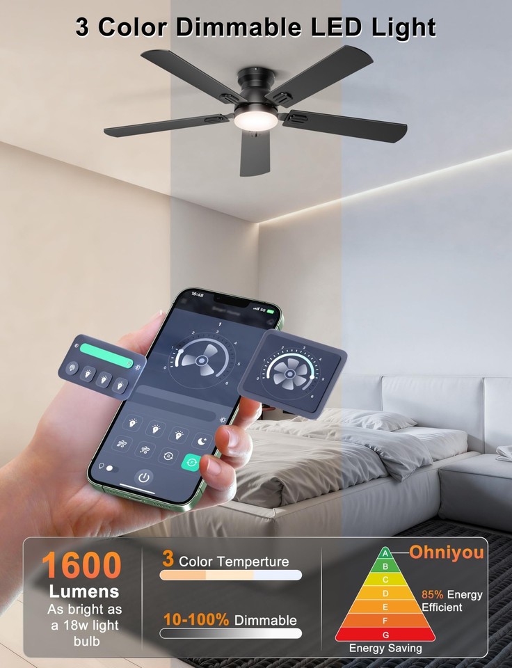 Ohniyou 52'' Low Profile Ceiling Fan with Lights Remote/APP Control ...