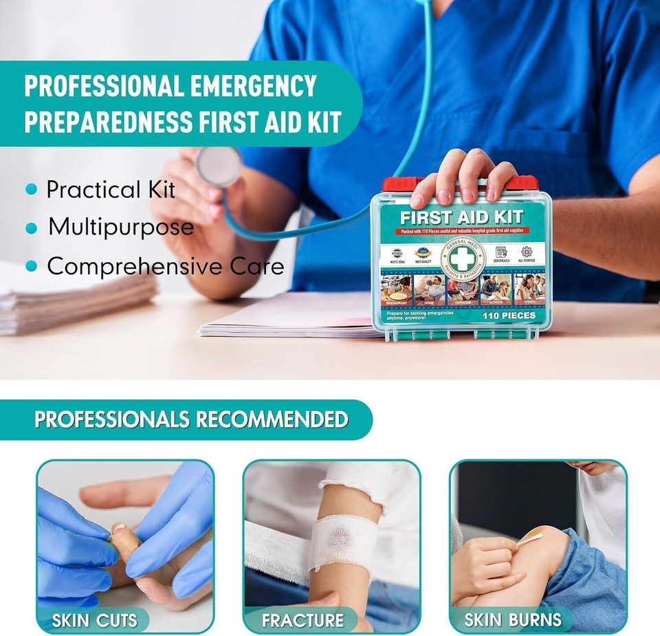 110 Pieces Small First Aid Kit - Hardcase First Aid Box - Contains ...