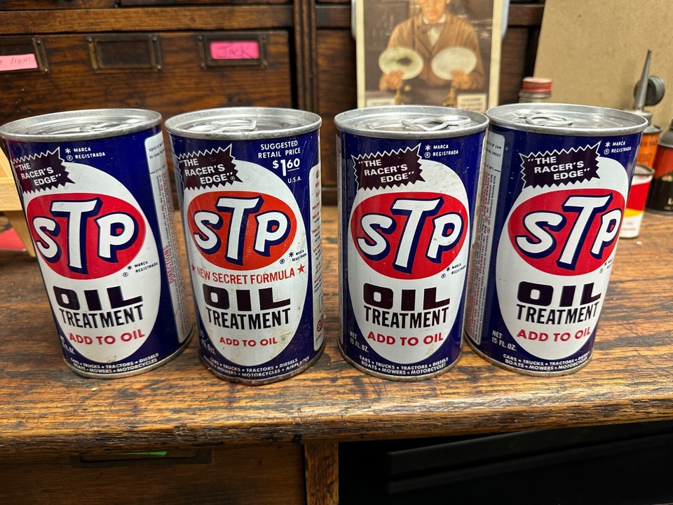 STP Gas Treatment Tin Oil Cans Sealed Lot of 4 Vintage Gasoline Secret ...