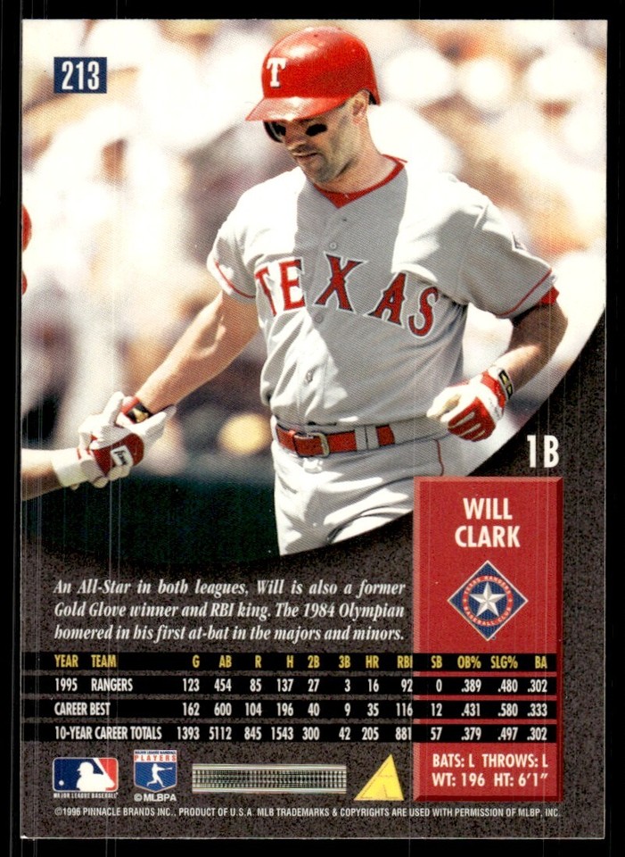 1996 Pinnacle Baseball Card Will Clark Texas Rangers #213 | eBay