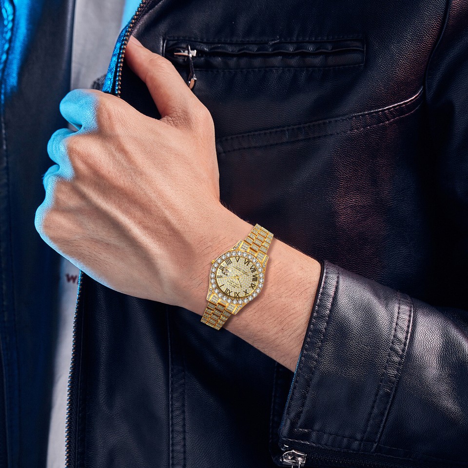 Hip Hop Men CZ Iced Round Stainless Steel Date Quartz Wrist Watch Cuban ...