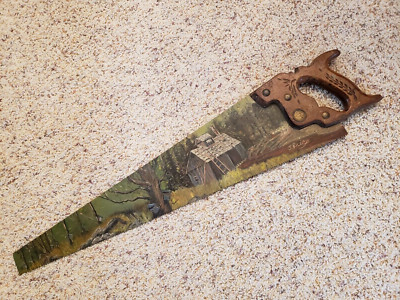 Vtg EC Atkins Hand Saw 26" Blade Medallion Ornate Handle Painted Scene ...