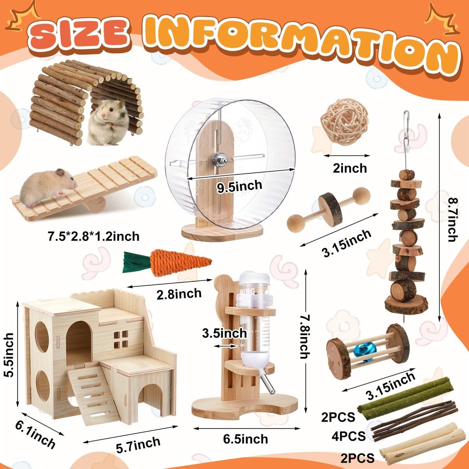 18 Pcs Hamster Cage , Silent Hamster Wheel, 15 Chew Toys Set, Maze Wood ...