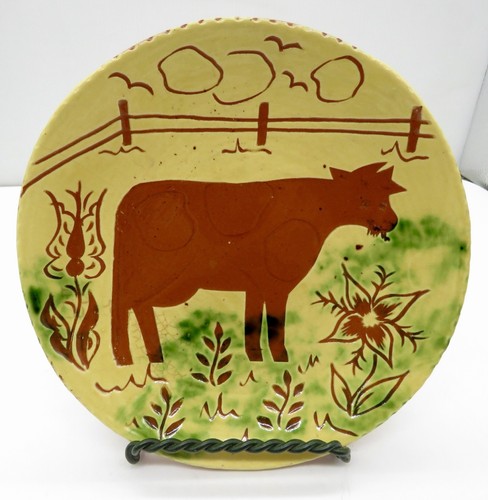 Breininger Redware Glazed Pottery 7” Plate Folk Art Cow Farm 1982 ...