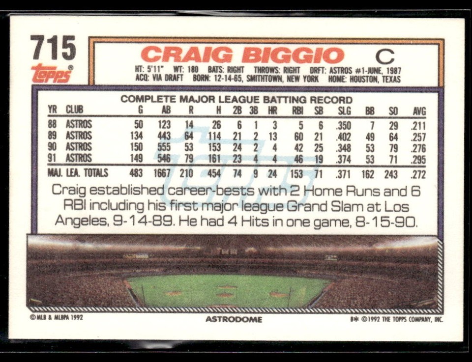 1992 Topps #715 Craig Biggio Baseball Card 1403N | eBay UK