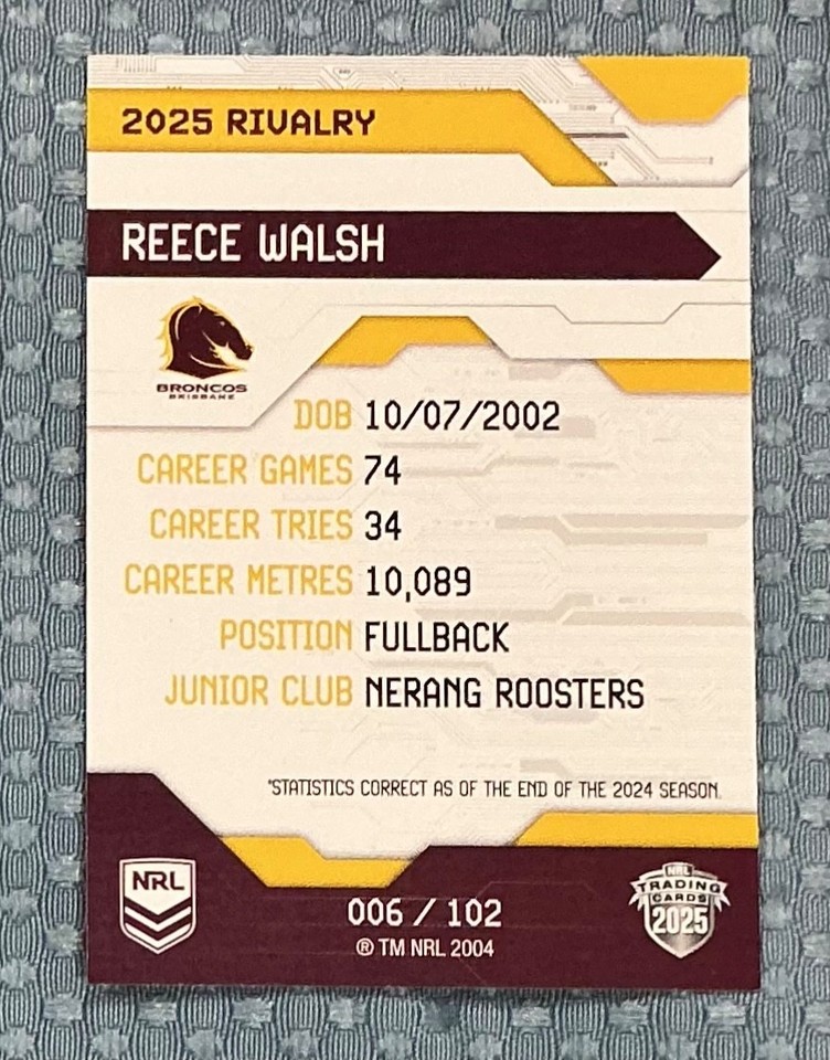 2025 Broncos NRL TLA Special Edition Signed Rivalry Card - Reece Walsh ...