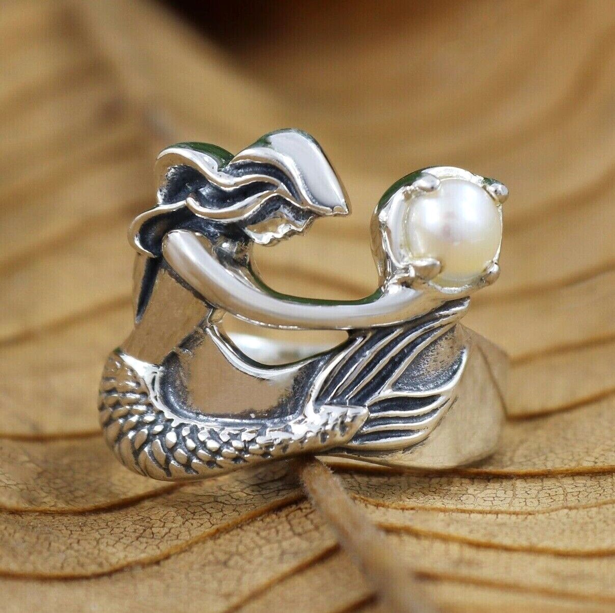 Mermaid Holding Pearl Women Ring 925 Sterling Silver Figurative Jewelry ...