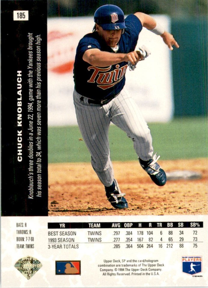 1994 UPPER DECK SP CHUCK KNOBLAUCH MINNESOTA TWINS #185 | eBay