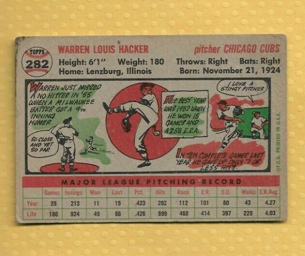 1956 Topps Warren Hacker #282 Chicago Cubs Gray Back G-VG FREE SHIPPING ...