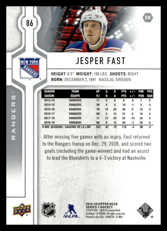 2019 Upper Deck #86 Jesper Fast New York Rangers | eBay