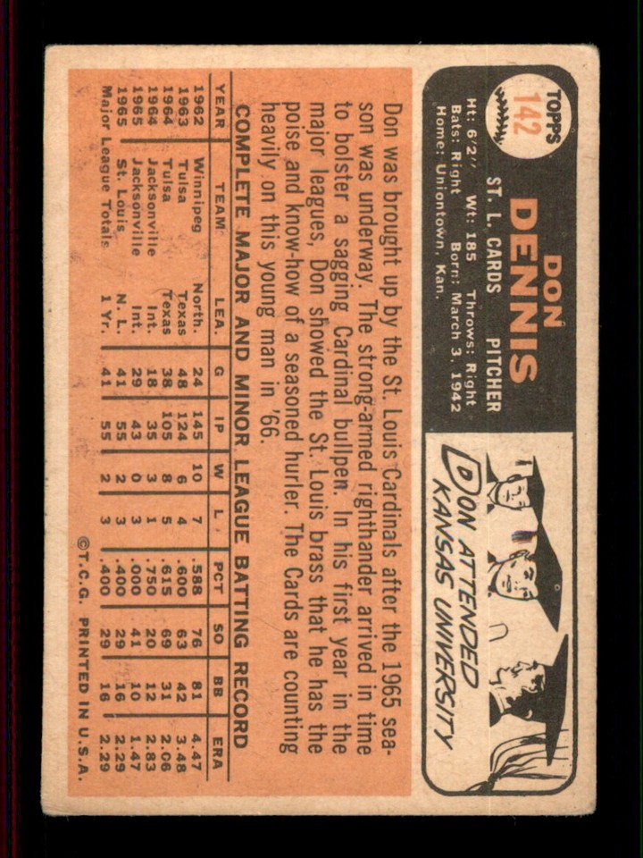 1966 Topps #142 Don Dennis - Crease Free | eBay