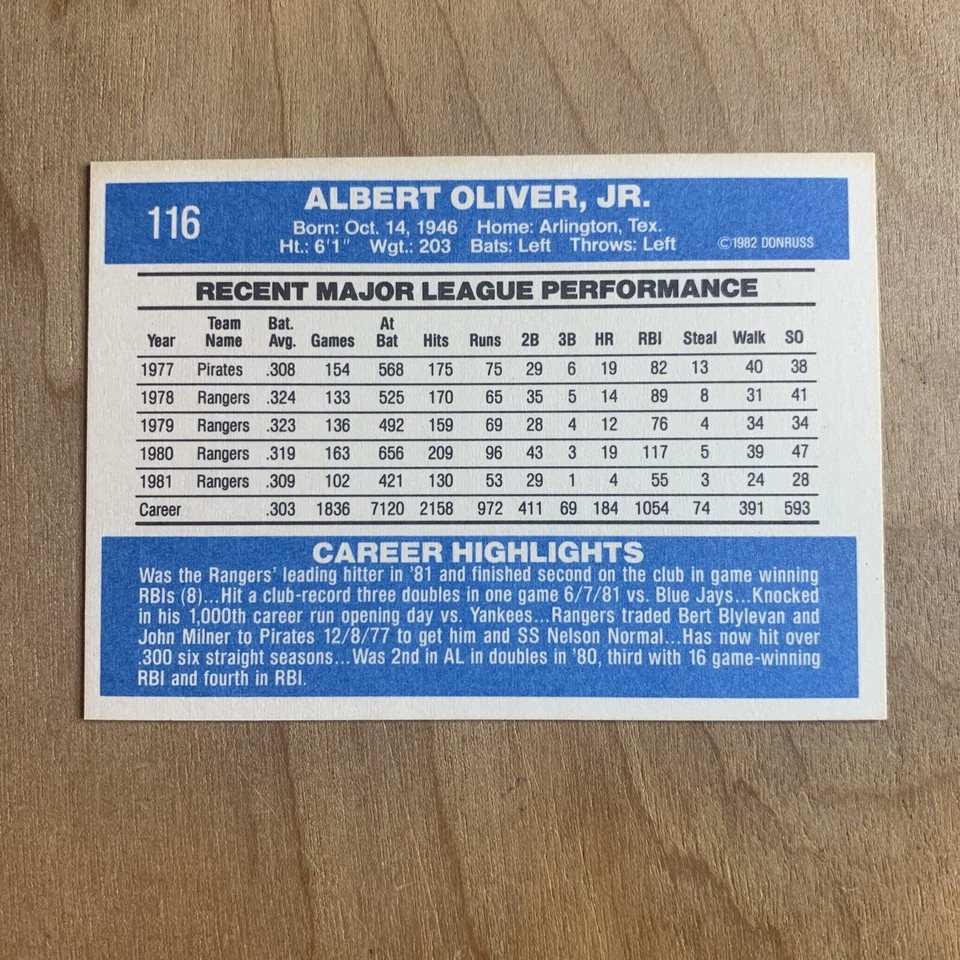 1982 DONRUSS AL OLIVER TEXAS RANGERS #116 | eBay