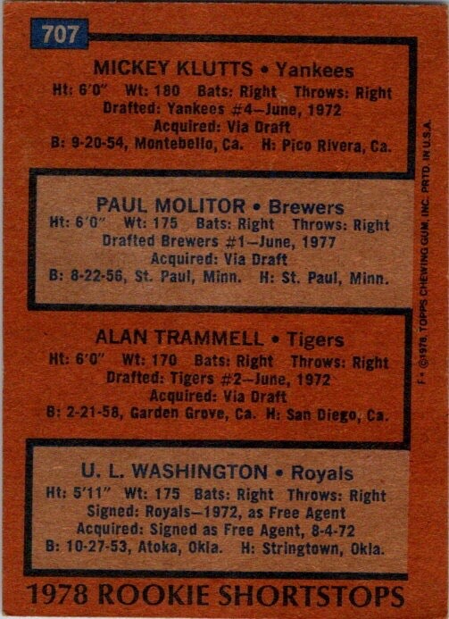 1978 Topps Paul Molitor/Alan Trammell Rookie Shortstops RC #707 ...