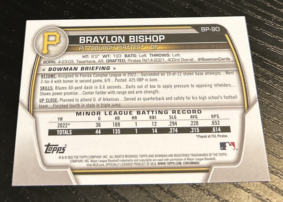 2023 Bowman Braylon Bishop 1st Bowman Paper | eBay