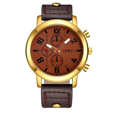 SOKI Men's Luxury Leather Quartz Watch - Timeless Brown and Gold ...
