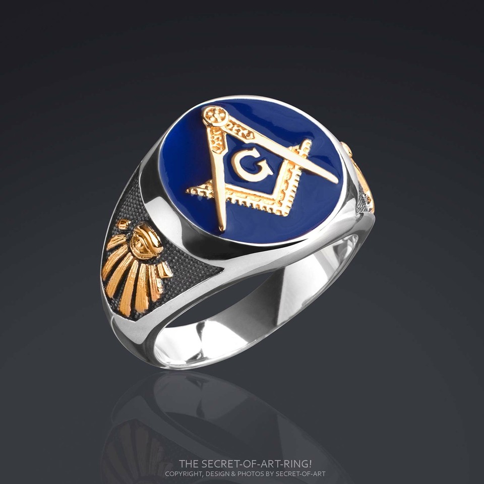 Masonic Ring Blue Lodge 925 Silver Freemason Masonry Gold-Plated All ...