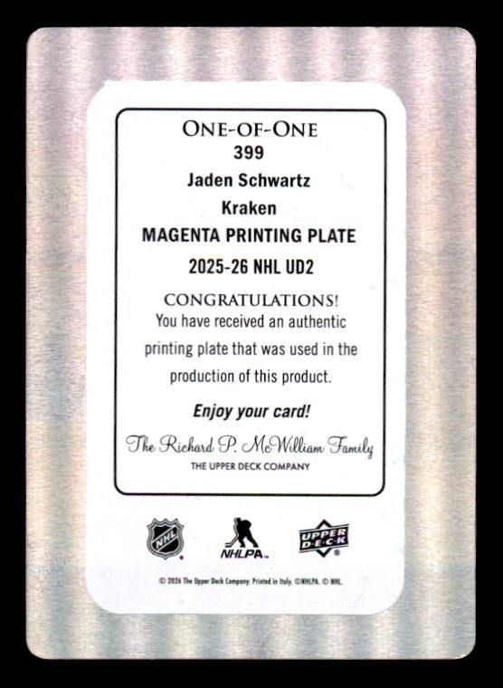 2025-26 Upper Deck Series 2 Printing Plate #399 Jaden Schwartz Kraken ...