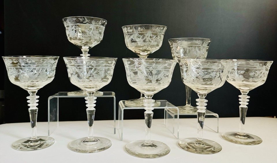 30 Pc Tiffin Etched Crystal Stemware Set Flanders Floral Goblets Coupes ...