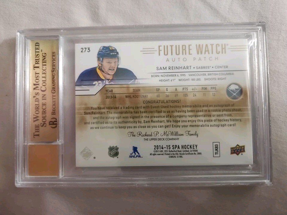 2014-15 UD SP Authentic Sam Reinhart Future Watch Patch Auto Graded BGS ...