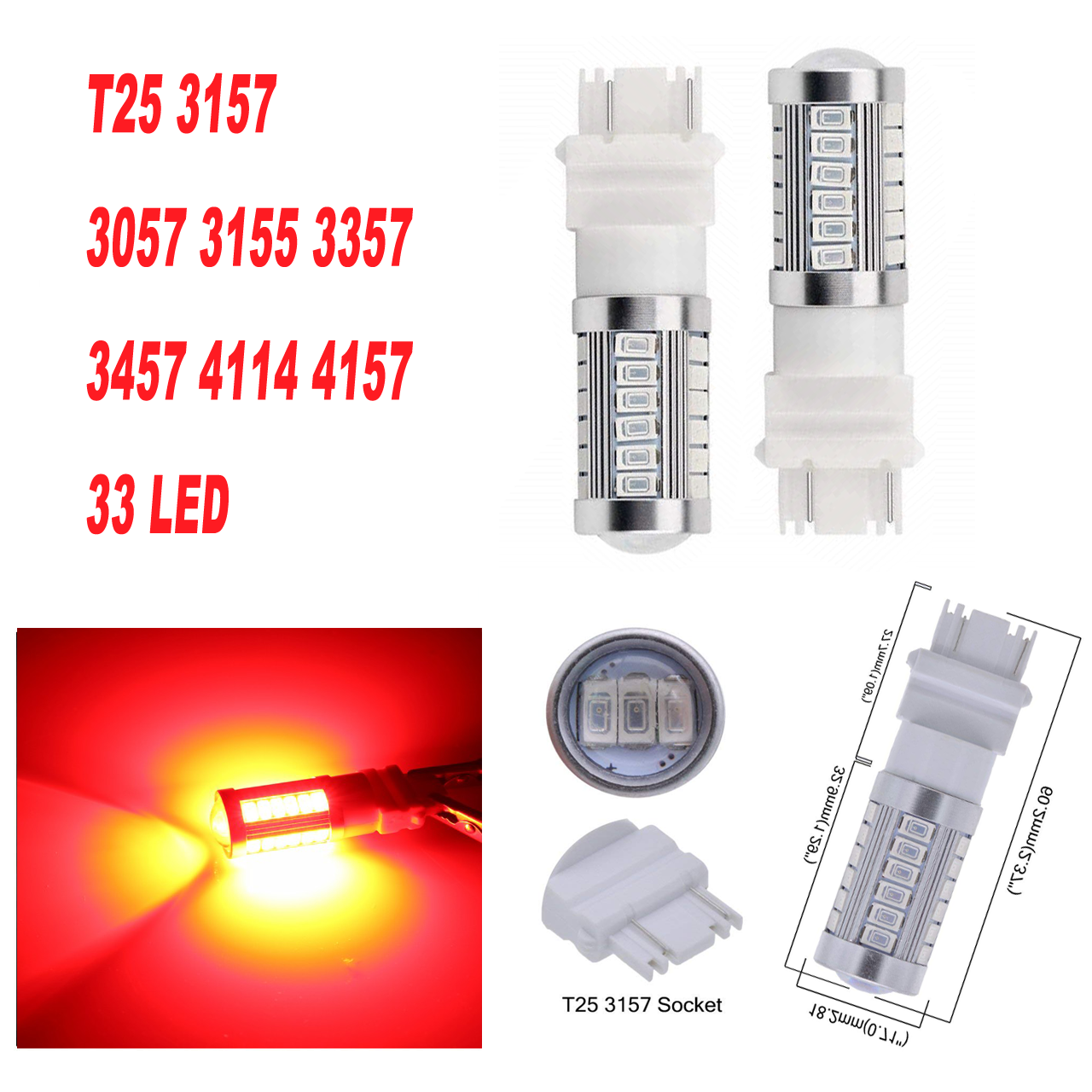 Red Brake Light T25 3057 3157 4157 33 SMD LED Bulb A1 Fits Chrysler AX ...