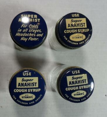 VINTAGE FOUR SUPER ANAHIST 2" BOTTLES COUGH SYRUP WITH ORIGINAL SCREW ...