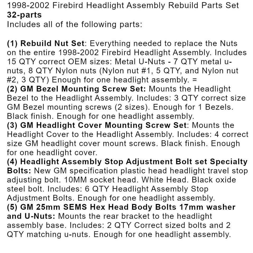 1998-2002 Firebird Headlight Assembly Rebuild Parts Set | eBay