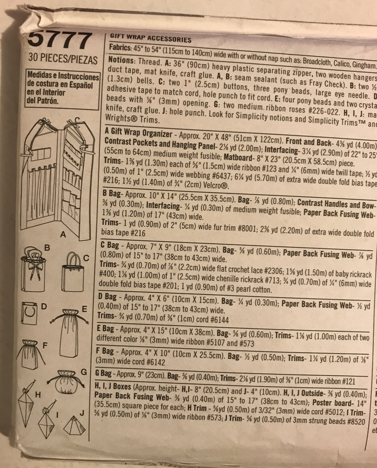 Simplicity Pattern 5777 Gift Wrap Accessories Organizer Bag Box Sewing ...