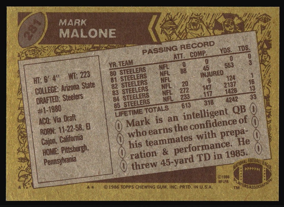 1986 Topps Mark Malone #281 Pittsburgh Steelers | eBay