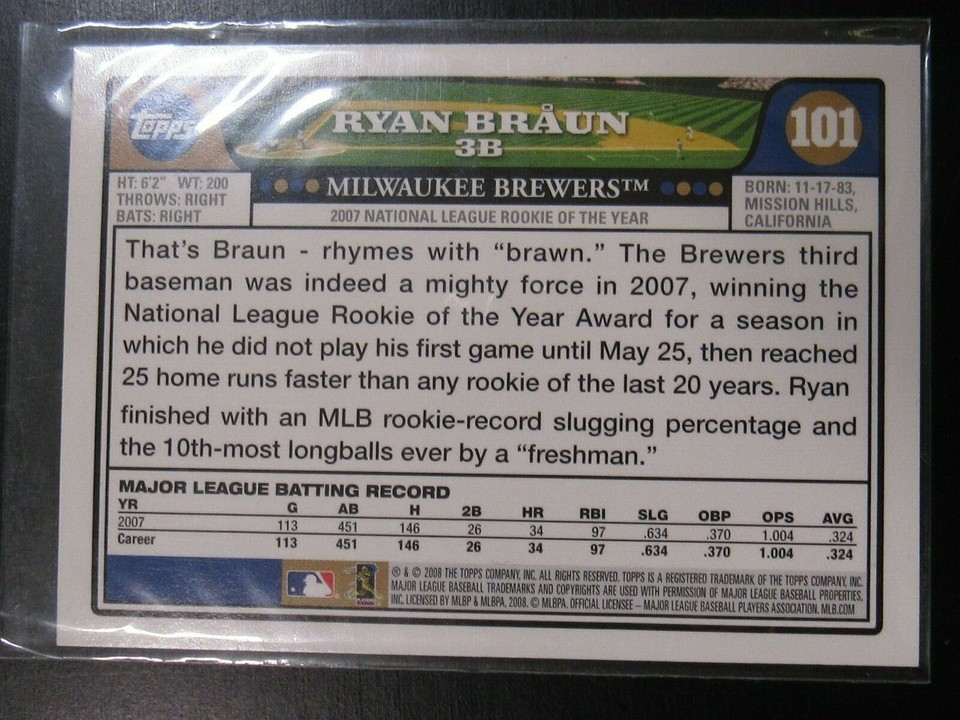 2007 Topps Rookie of the Year Ryan Braun Milwaukee Brewers Baseball ...
