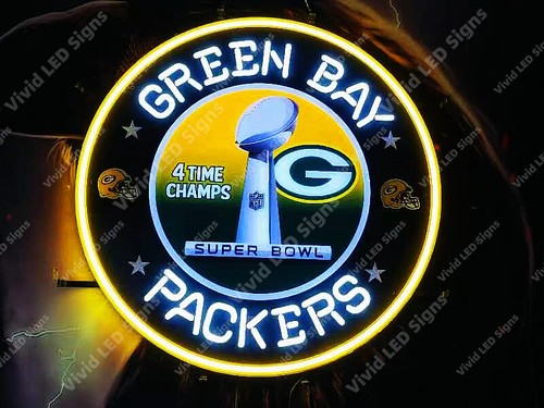 Green Bay Packers Champions 24"x24" Vivid LED Neon Sign Light Lamp With ...