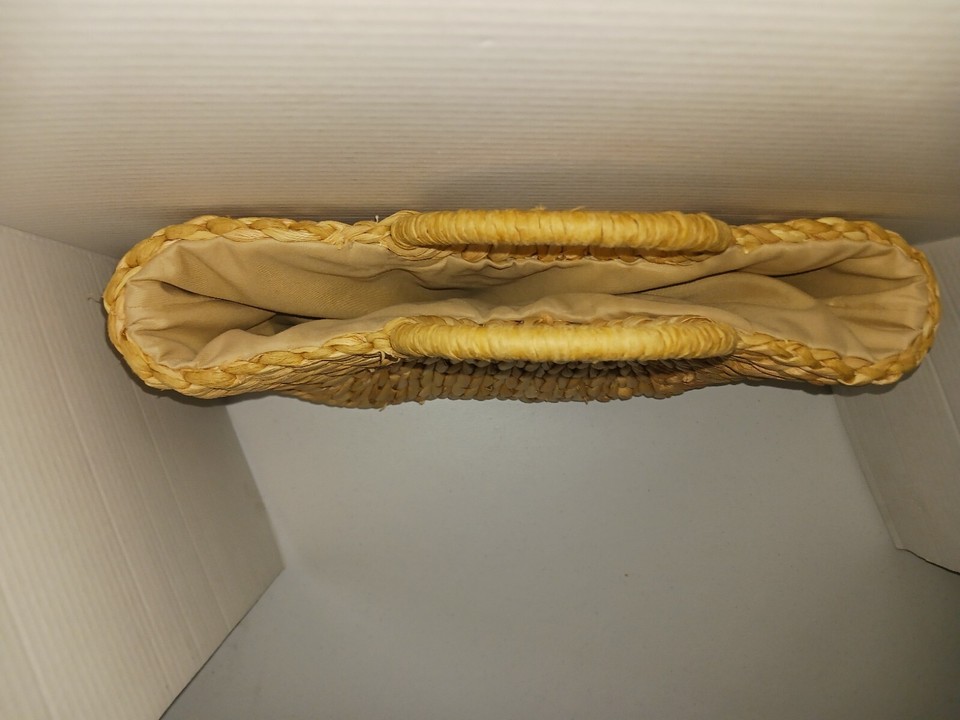 Vintage Straw Woven Tote Rattan Round Top Handle Drawstring Lining ...