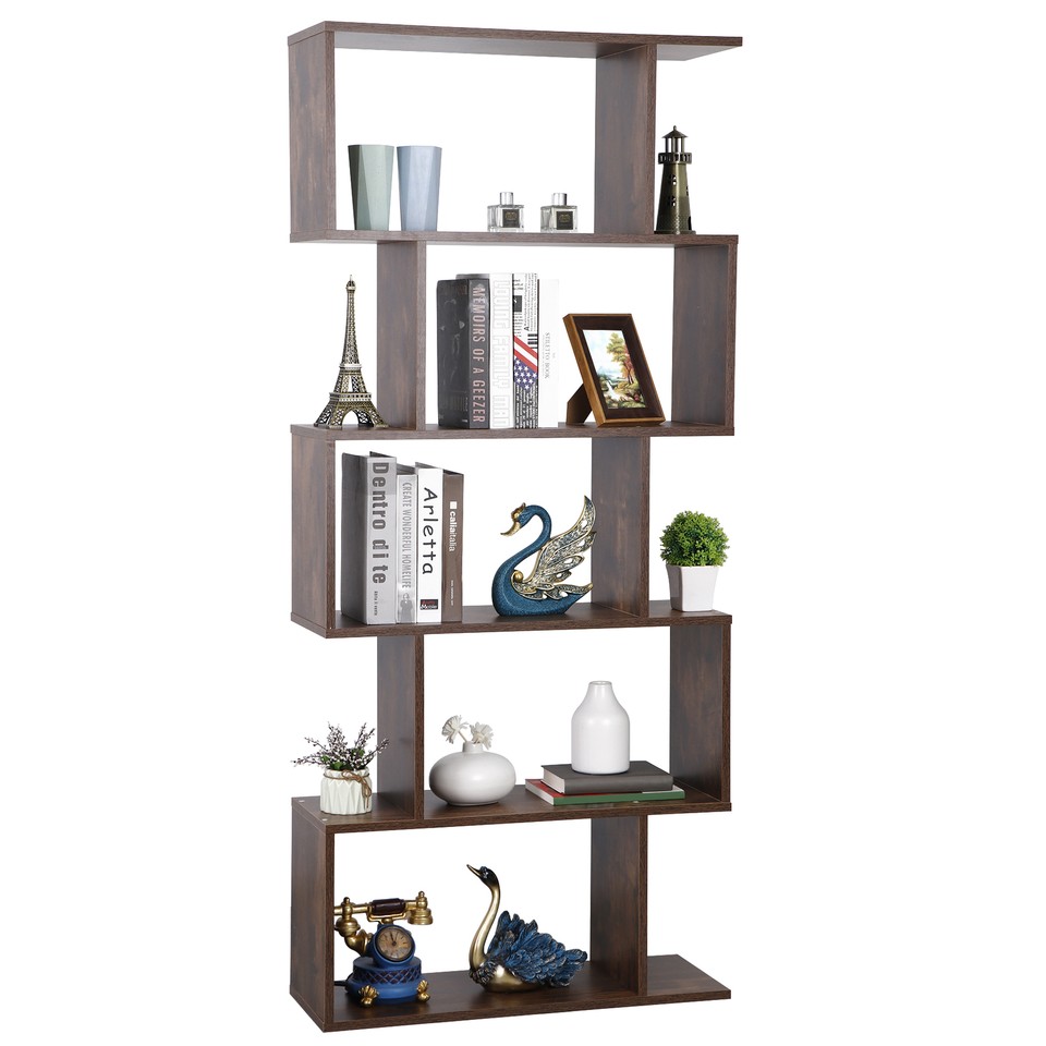 2×5-Tier Bookshelf Wood Geometric Bookcase Freestanding S-Shaped ...
