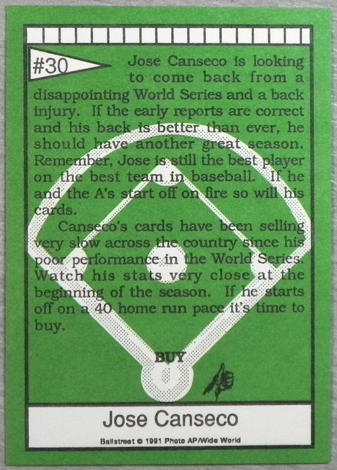 Jose Canseco 1991 Ballstreet Gold Card #30 _ Exact Card (G) | eBay