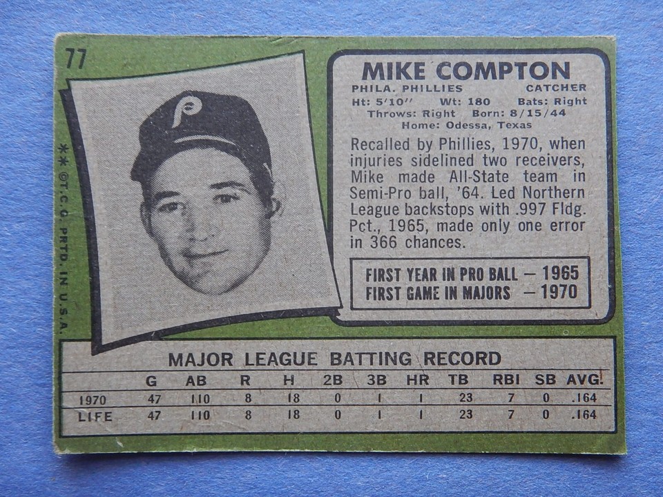 Mike Compton #77 Topps 1971 Baseball Card (Philadelphia Phillies) A | eBay