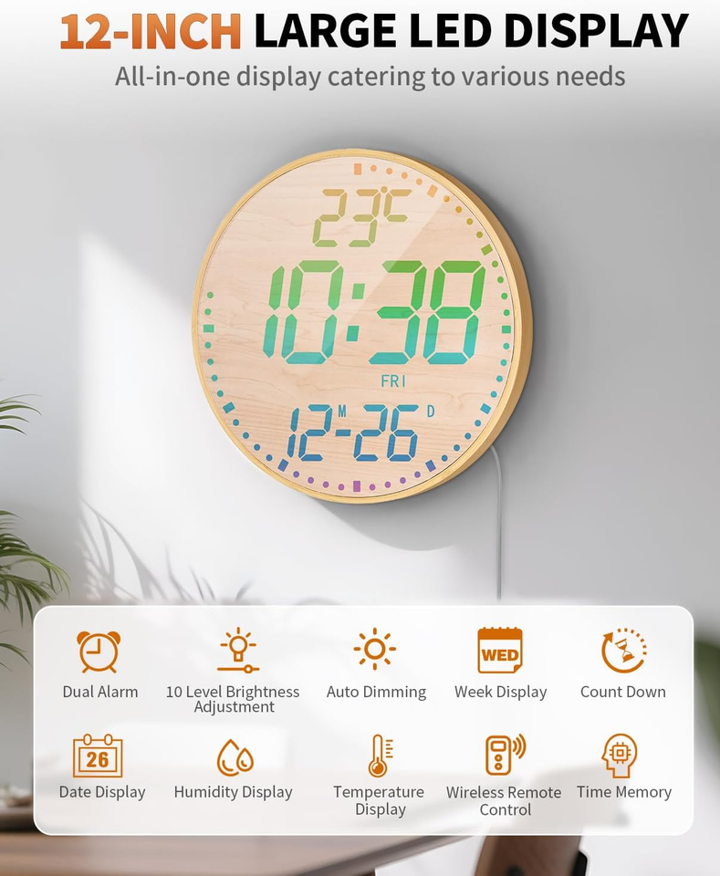 12" Large Digital Wall Mount Clock, Count down Timer, Alarm, Big LED ...