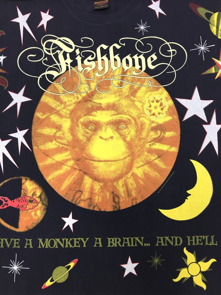 Vintage Fishbone Give a Monkey AOP All Over Re-Printed Graphic T-shirt ...
