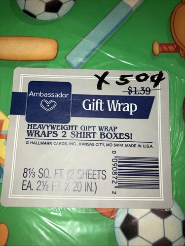 VINTAGE AMBASSADOR Hallmark GIFT WRAPPING PAPER NEW Green Sports 2x ...