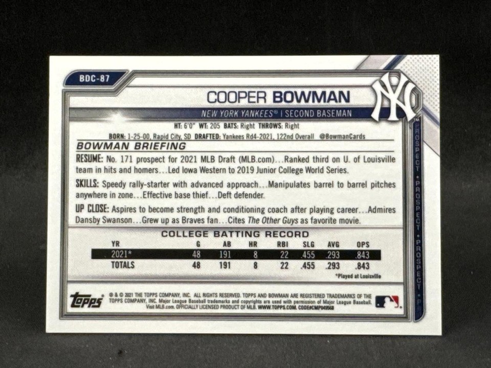 2021 BOWMAN CHROME DRAFT COOPER BOWMAN BDC-87 1ST PURPLE REFRACTOR 118/ ...