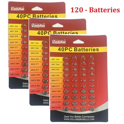120 PC BUTTON CELL ASSORTED COIN BATTERIES ALKALINE 40 piece packs ...