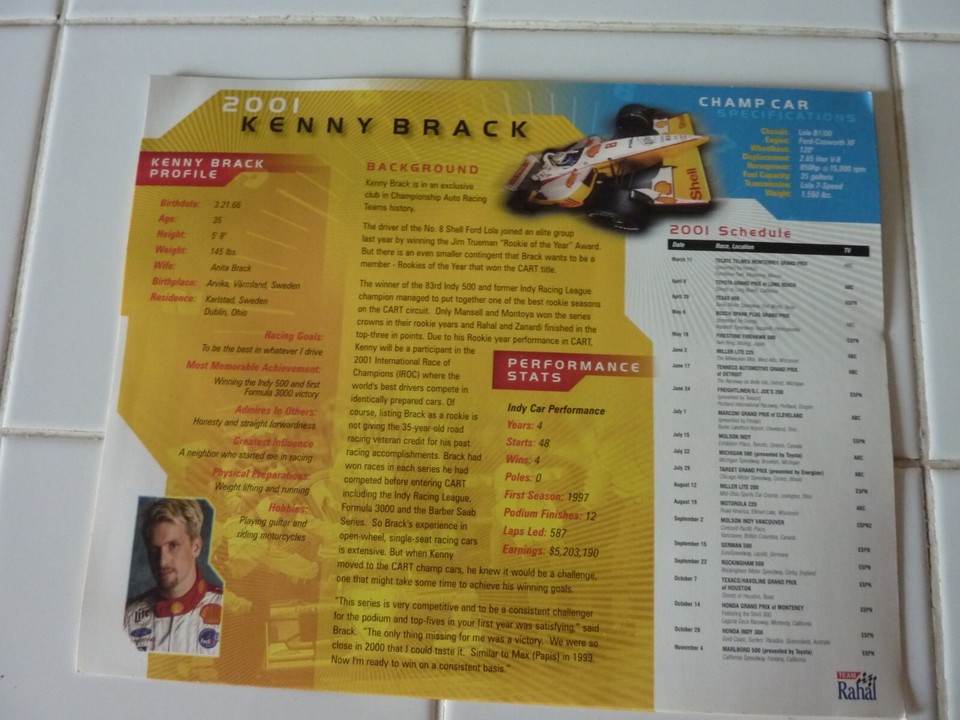 KENNY BRACK STAT CARD FROM 2001 APPROX 10 X 12 | eBay