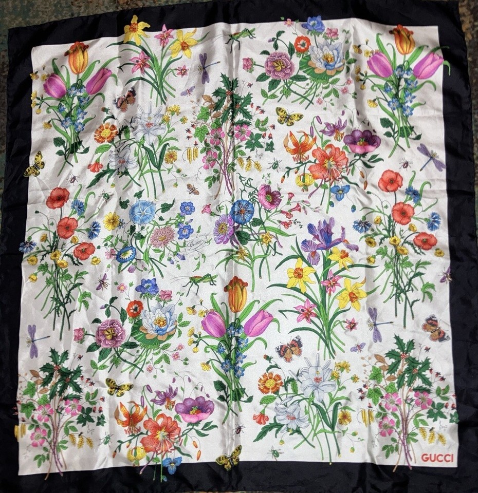 Vintage 1970s GUCCI SILK FLORAL BUTTERFLY DRAGONFLY INSECT BUG FLORA ...