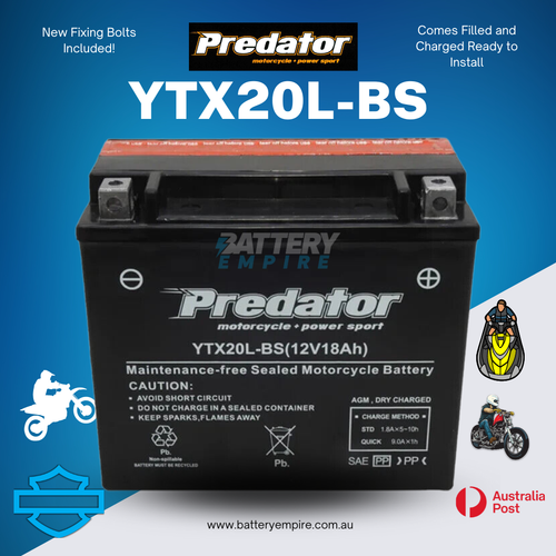 Predator YTX20L-BS AGM Motorcycle Battery (GYZ20L, MBTX20U ETX20L ...