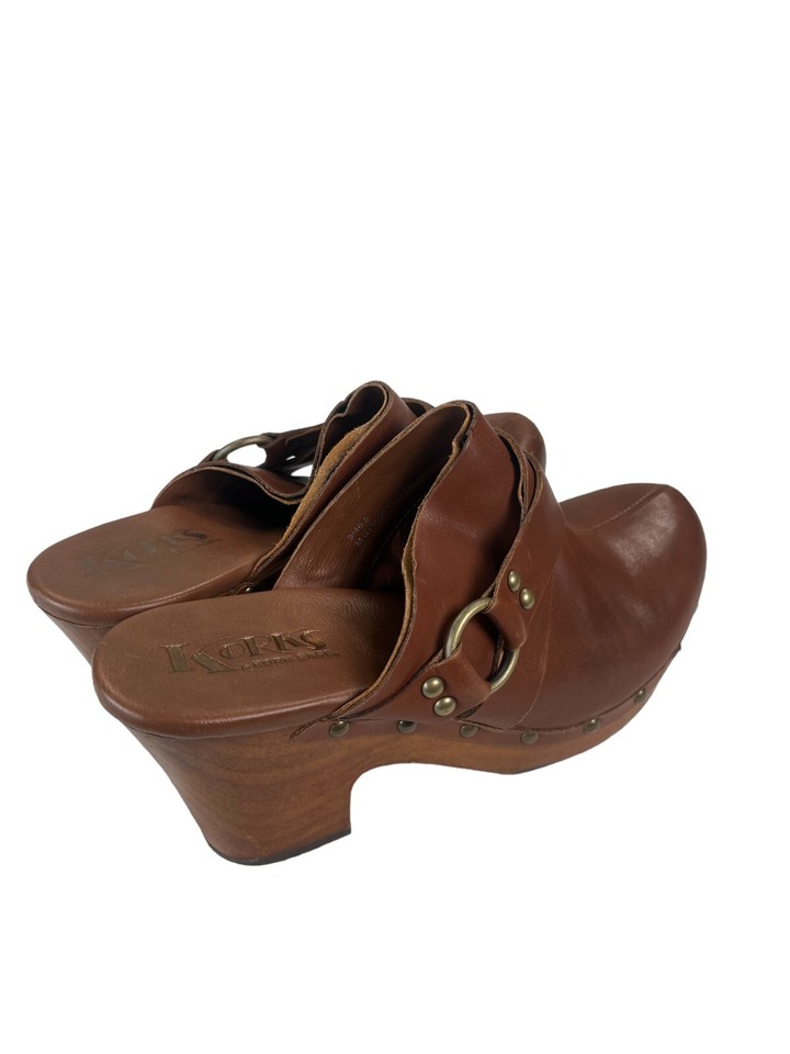 Korks Women's Brown Leather Slip-On Studded Platform Clog Heels Shoes ...