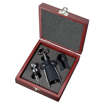 OGGI New 3 Piece Wine Set Corkscrew Foil Cutter Stopper Mahogany Box ...