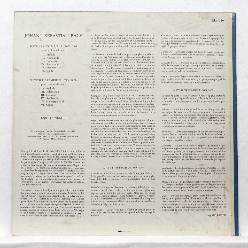 HENRI HONEGGER ⸻ JS BACH suites for cello solo nos.1 & 2 ⸻ VALOIS MB326 ...